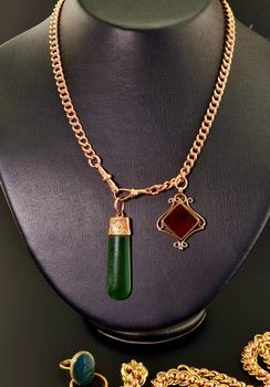 ANTIQUE 9ct Rose Gold Double Albert Chain. Willis & Sons Nephrite Jade ...