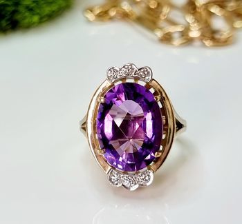VINTAGE 9ct Yellow & White Gold 7.10ct Amethyst & Diamond Dress Ring ...