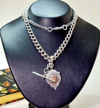 ANTIQUE Sterling Silver Albert Chain with Fob Medal & T-bar, Extra-long ...